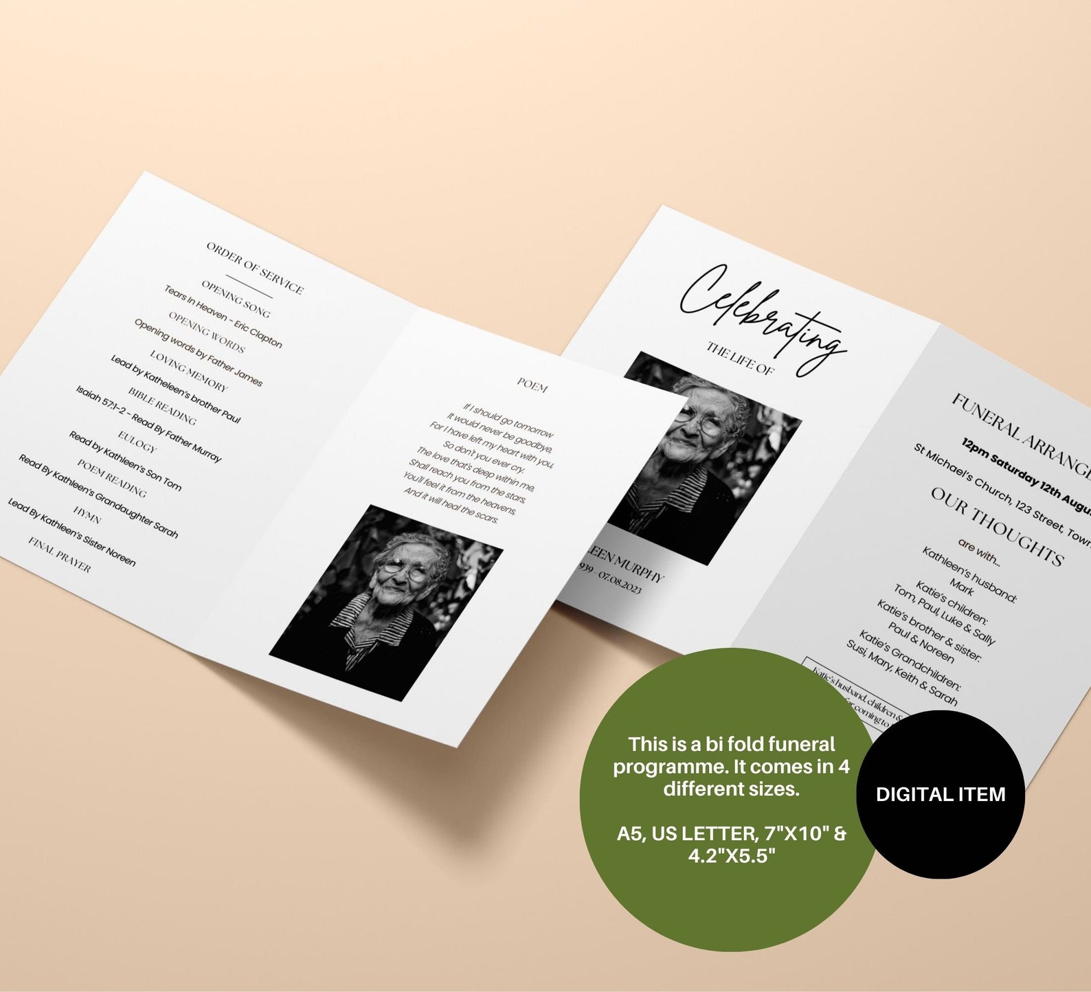 Funeral Program Template, Funeral Program Template for Woman, Bifold ...