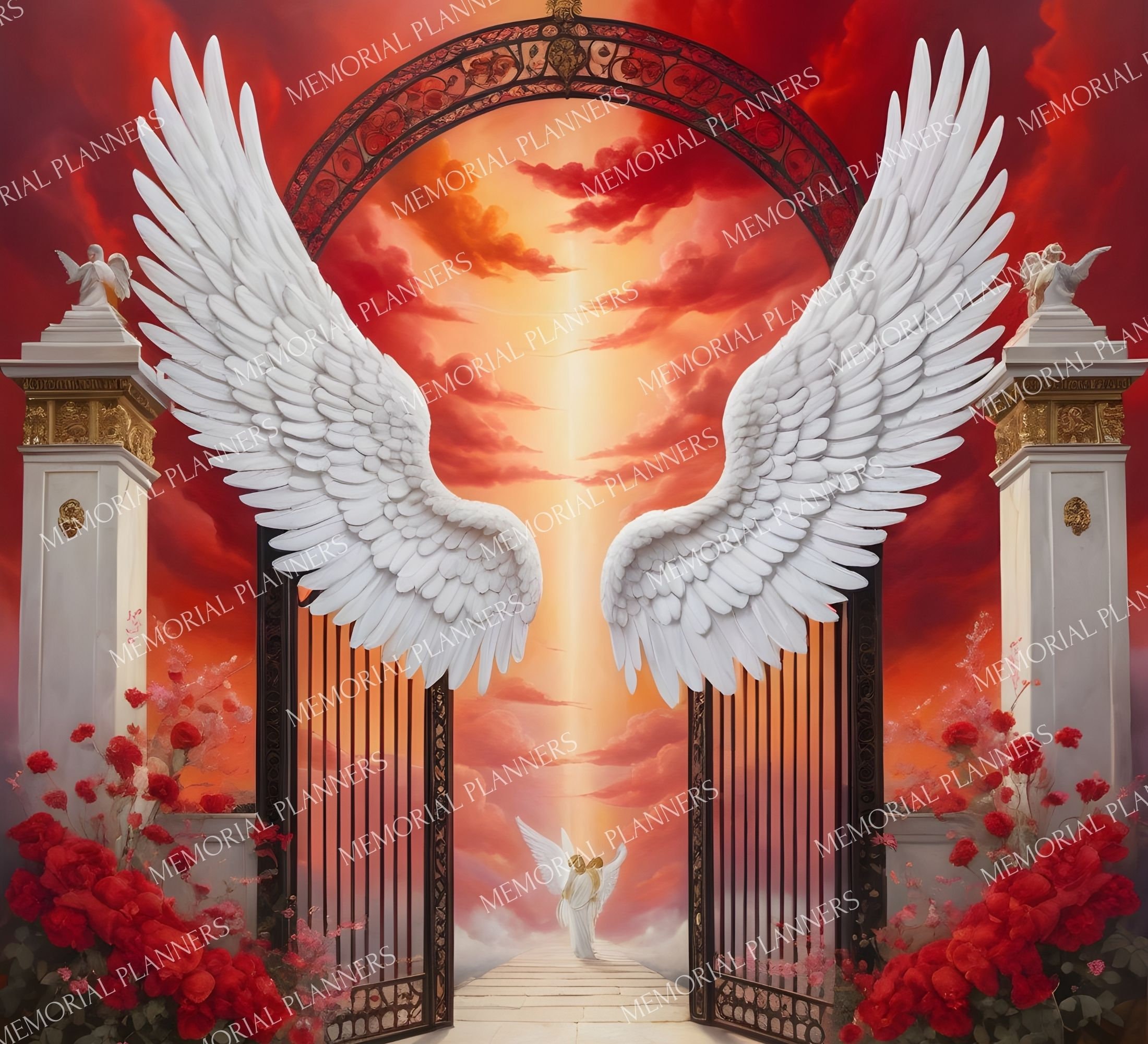 Red Floral Heaven Background With Gold Gates Png, Memorial Service PNG ...