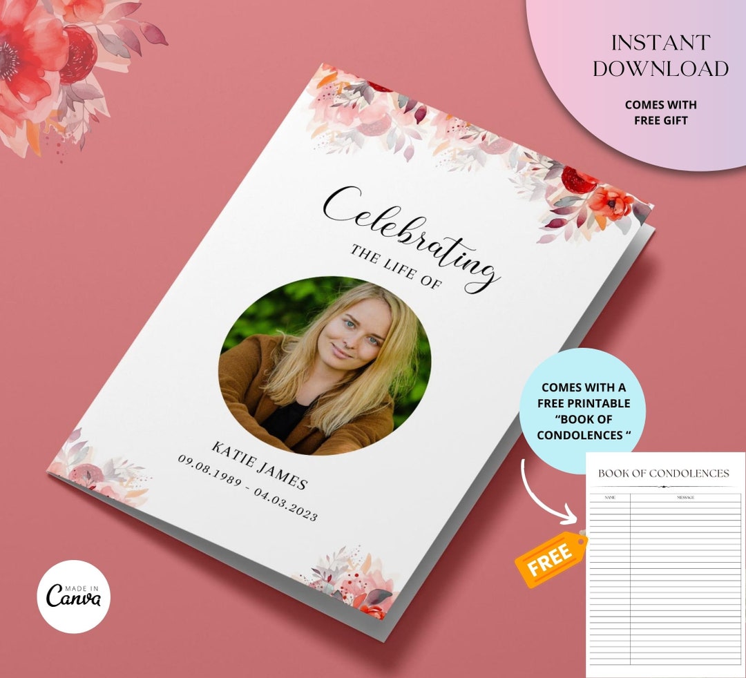 Red Funeral Template Floral Bifold, Printable Red Obituary, Red Rose ...