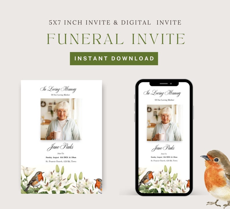 Mother Funeral Invitation Robin Bird, Lilly Flower Funeral Program ...