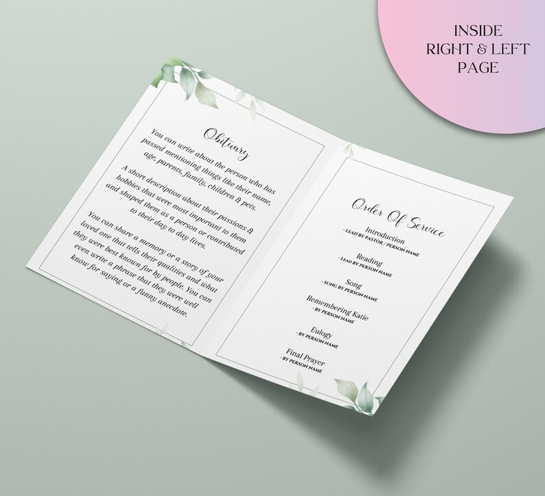 Funeral Program Template With Greenery and Leaves Design, Editable Men ...