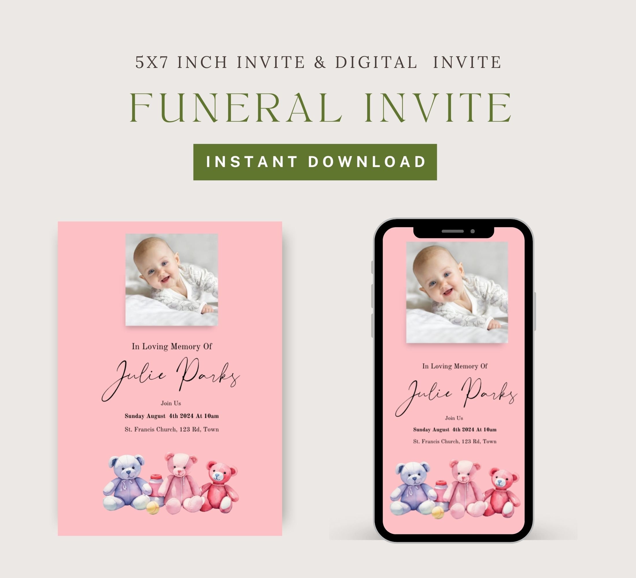 Pink Baby Funeral Invite, Loss of A Child, Loss of Son, Digital Funeral ...