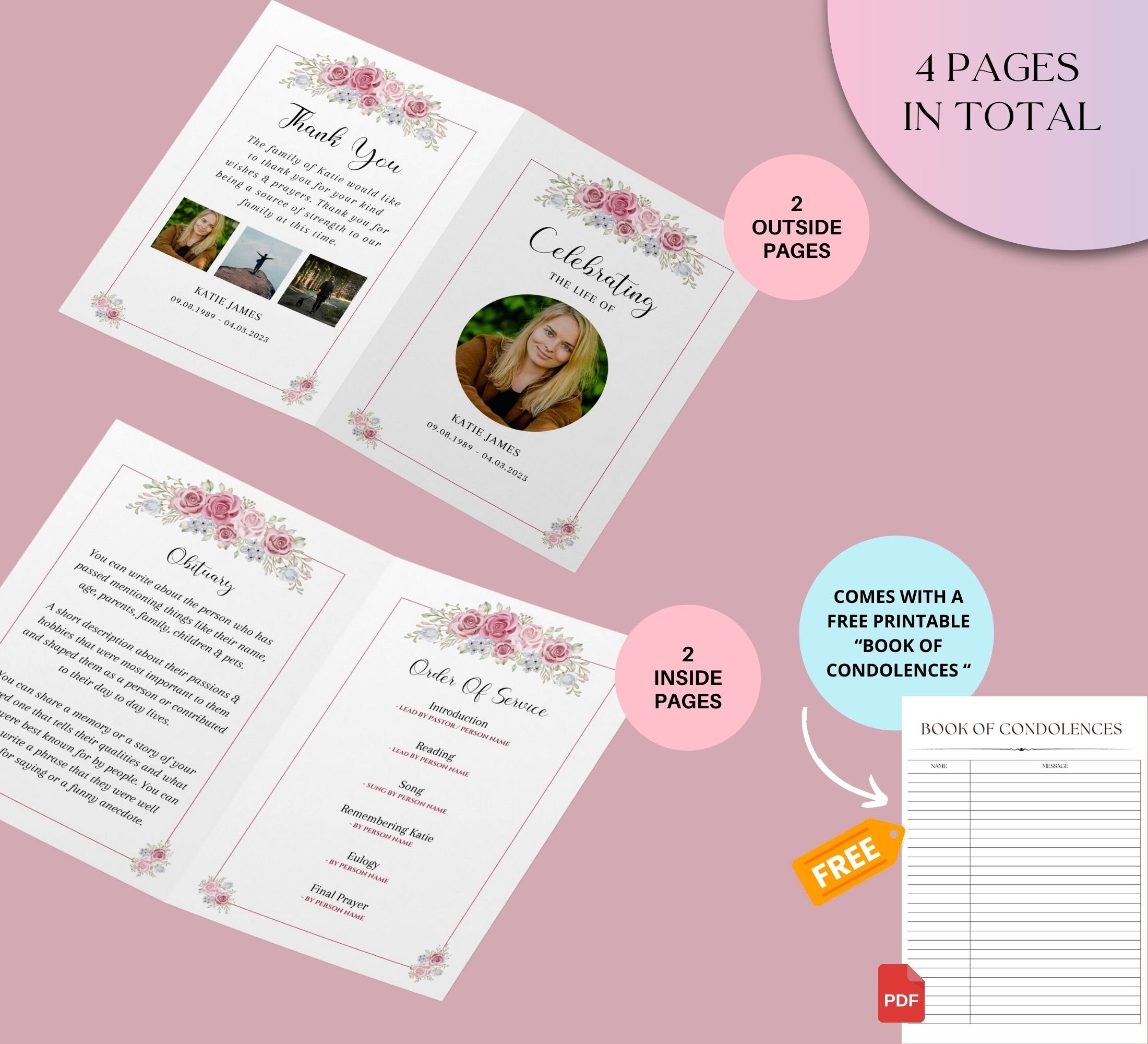 Pink Flower Funeral Template, Funeral Brochure, Pink Printable Obituary ...