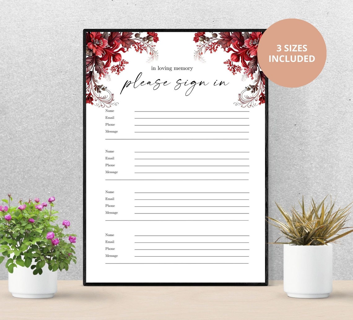 Red Floral Funeral Sign in Sheet, Printable Funeral Guest Book Insert ...