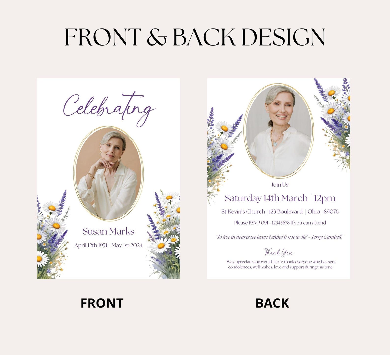 Wildflower Purple Flower Funeral Invite, Double Sided Invite, Mom ...