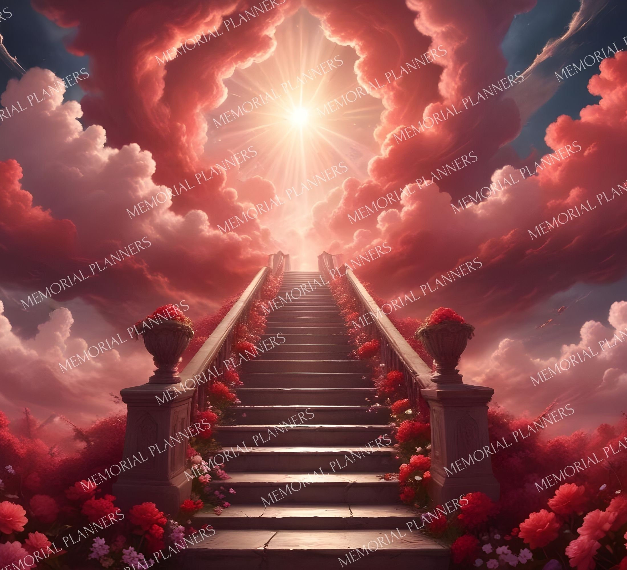 Red Rose Floral Heaven Background With Stairs Png, Memorial Service PNG ...