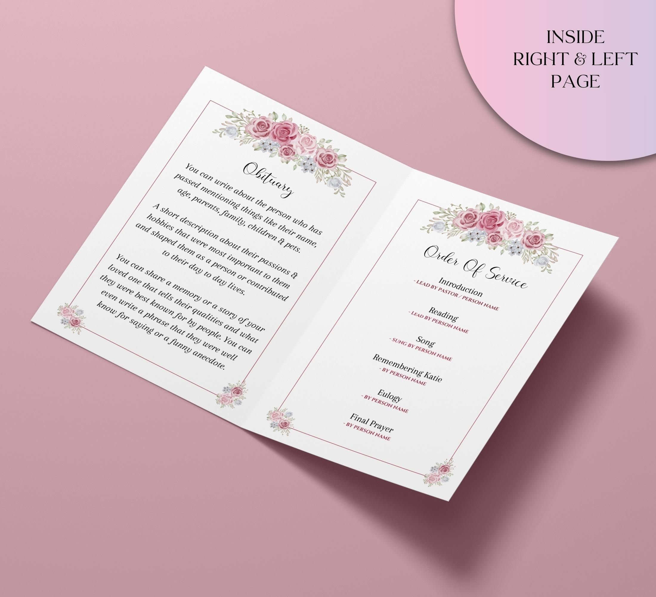 Pink Flower Funeral Template, Funeral Brochure, Pink Printable Obituary ...