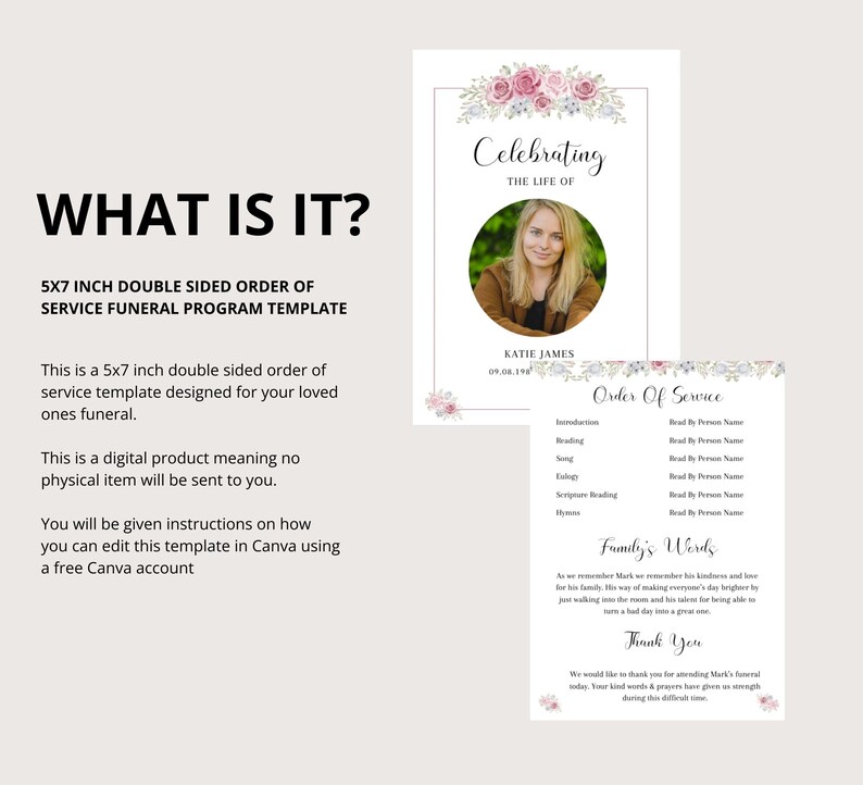 Double Sided Funeral Program Template, Roses Memorial Program, Pink ...