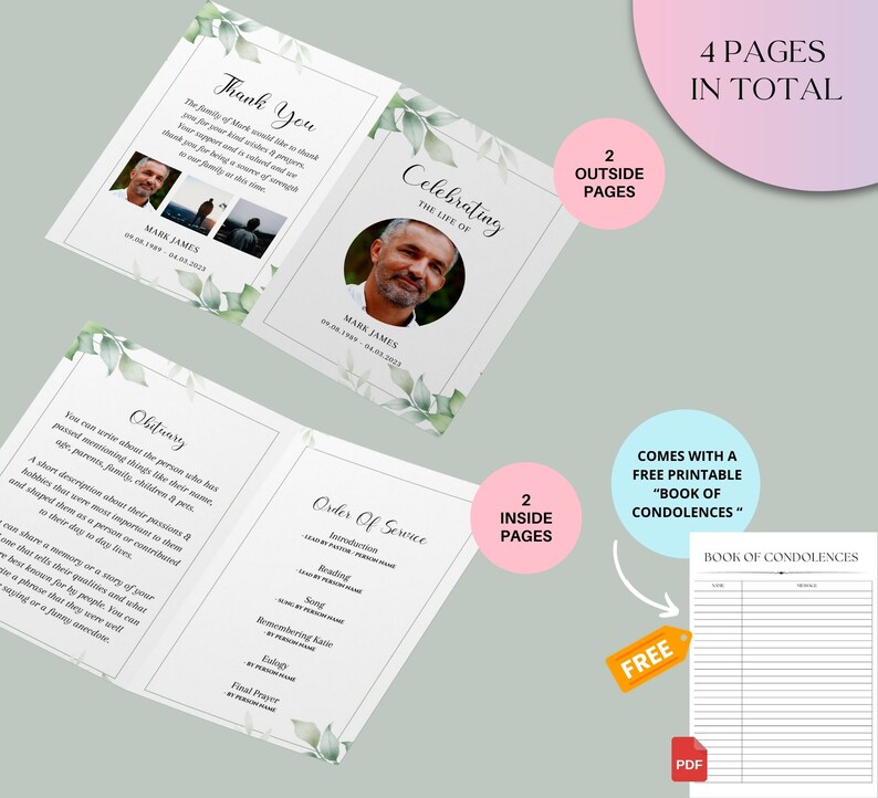 Funeral Program Template With Greenery and Leaves Design, Editable Men ...