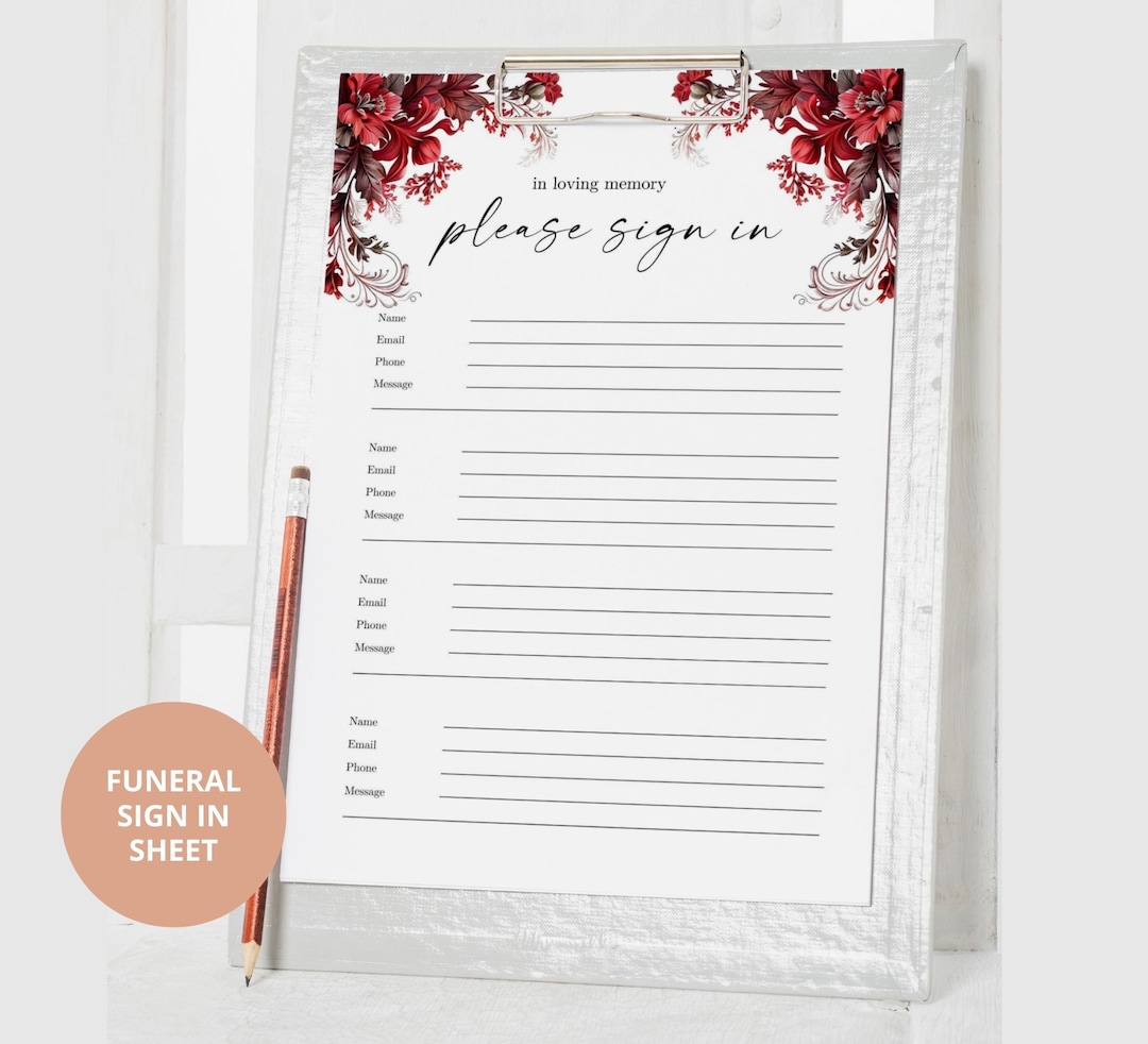 Red Floral Funeral Sign in Sheet, Printable Funeral Guest Book Insert, Printable Design Funeral ...
