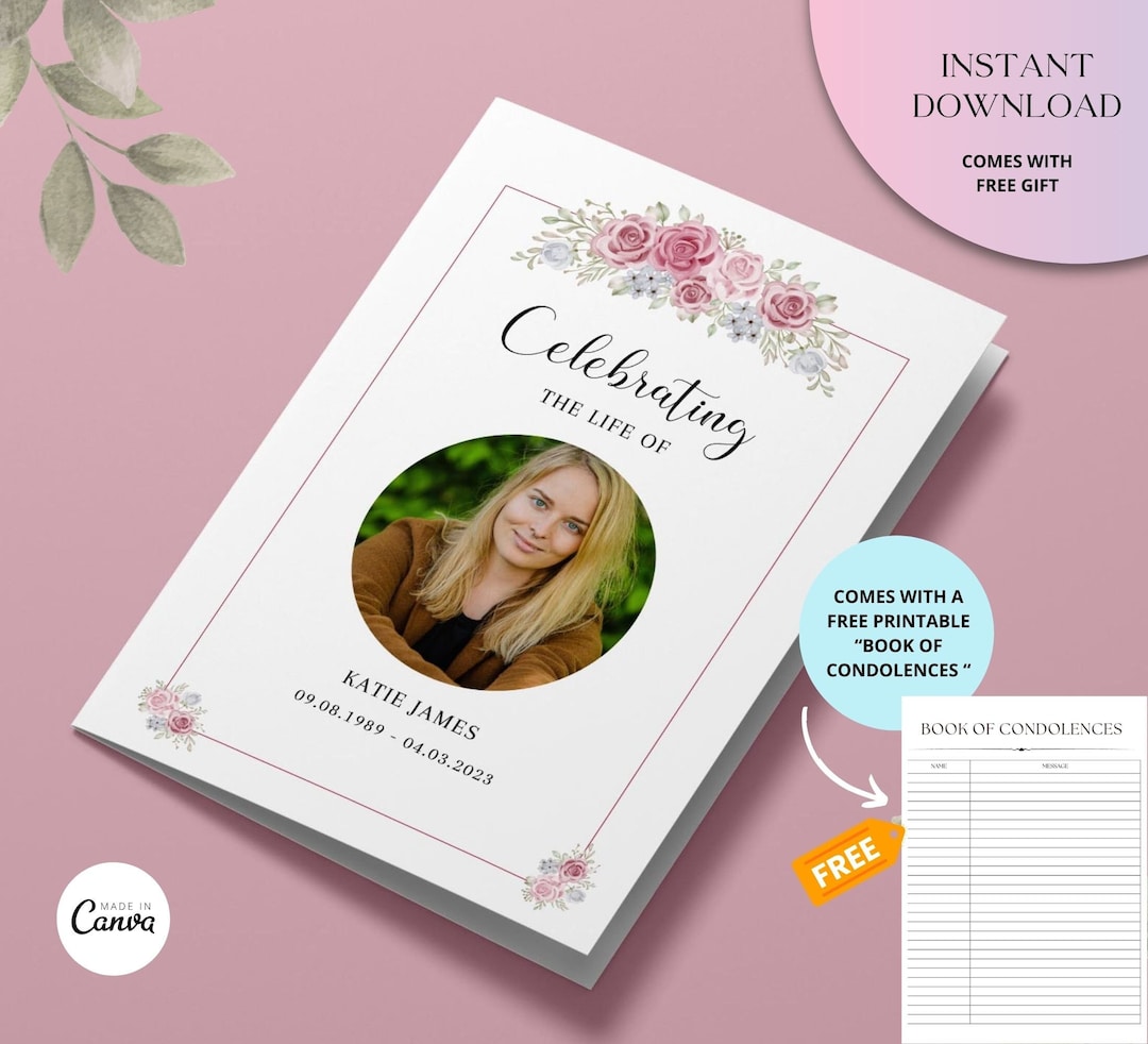 Pink Flower Funeral Template, Funeral Brochure, Pink Printable Obituary ...