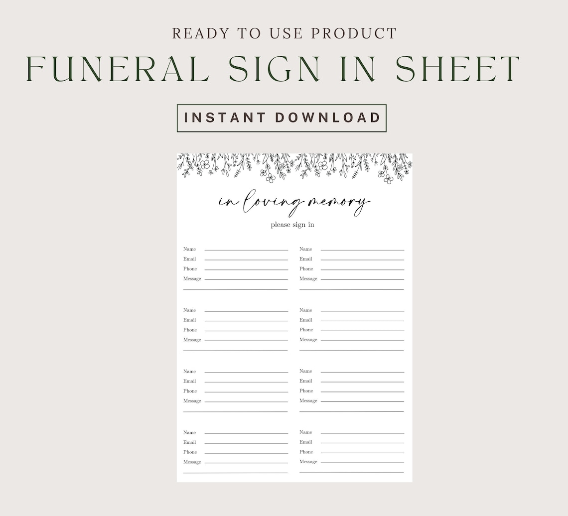 Funeral Sign in Sheet, Printable Funeral Guest Book Insert, Printable ...