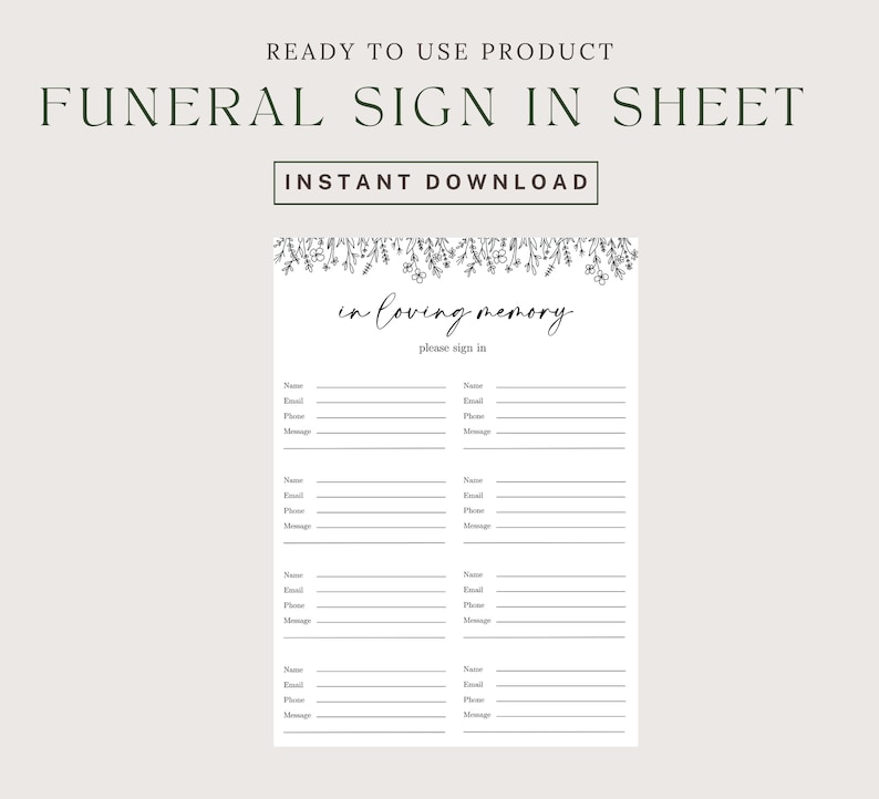 Funeral Sign in Sheet, Printable Funeral Guest Book Insert, Printable ...