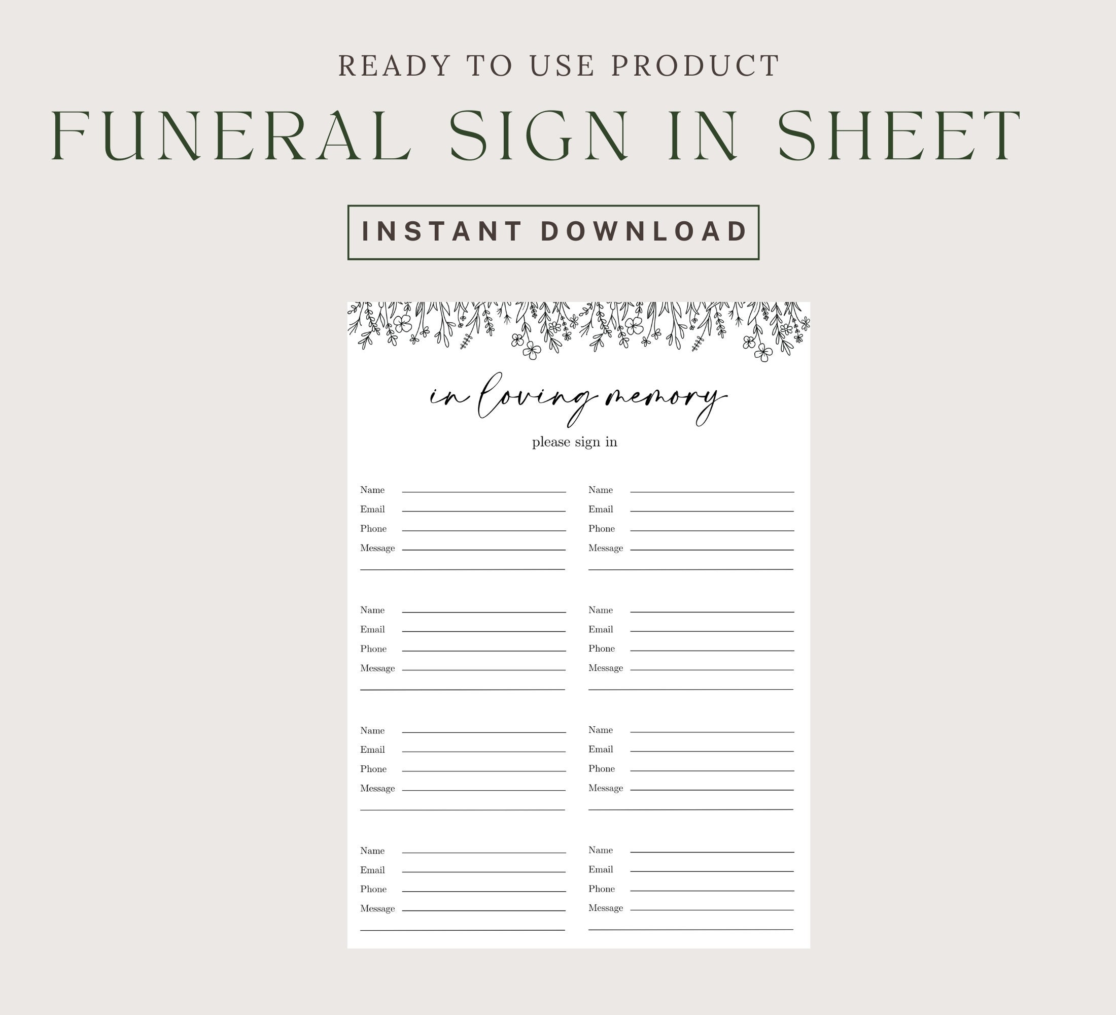 Funeral Sign in Sheet, Printable Funeral Guest Book Insert, Printable ...