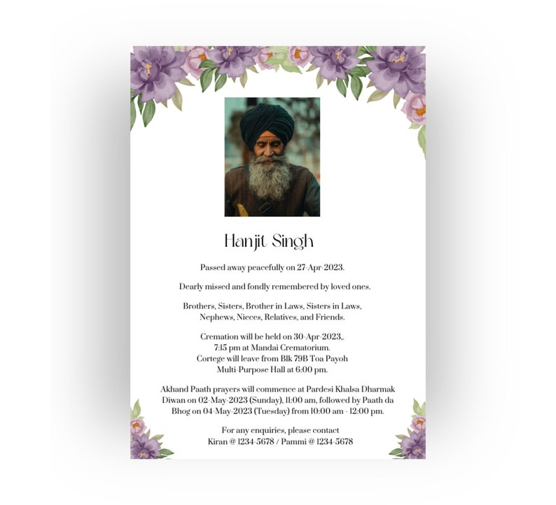 Sikh Funeral Invite, Funeral Announcement, Funeral Invitation, Memorial ...