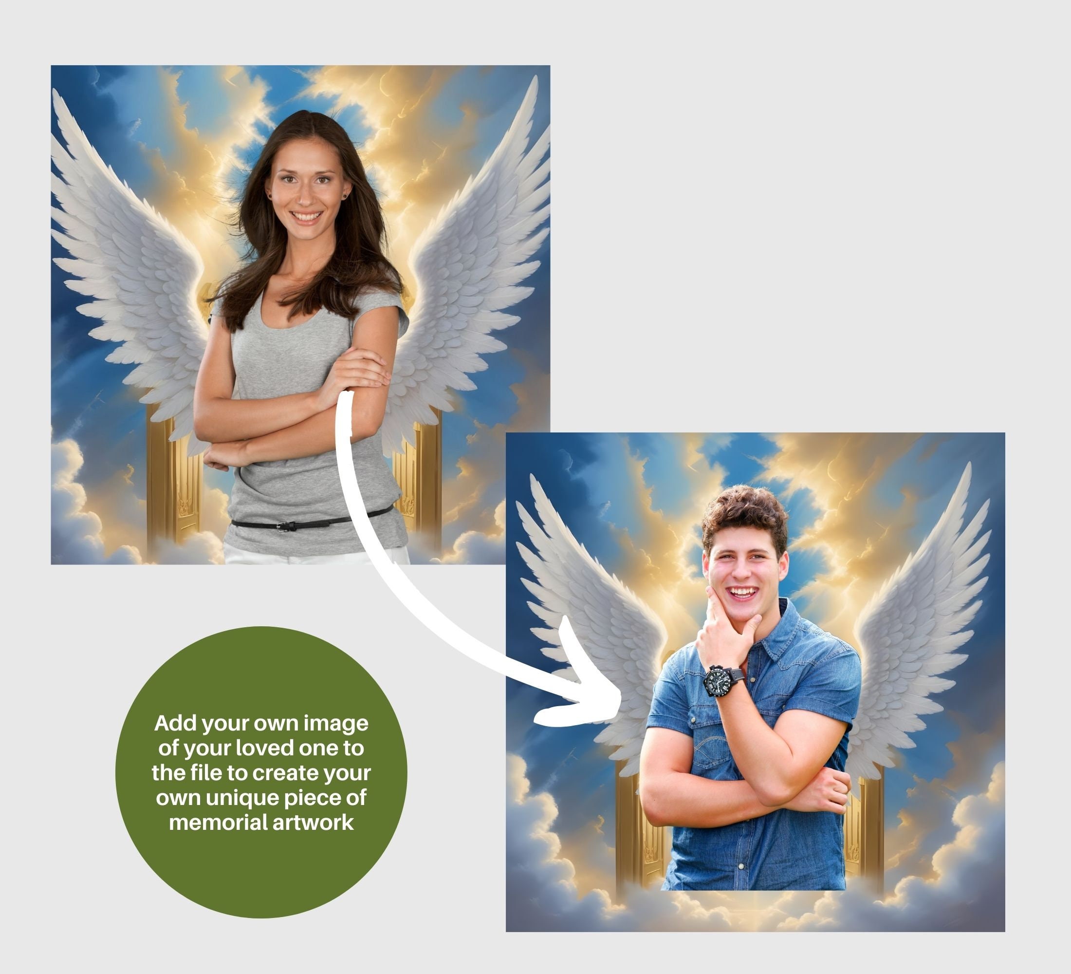 White Angel Wing Blue Heaven Background Gold Pillar Png, Memorial ...
