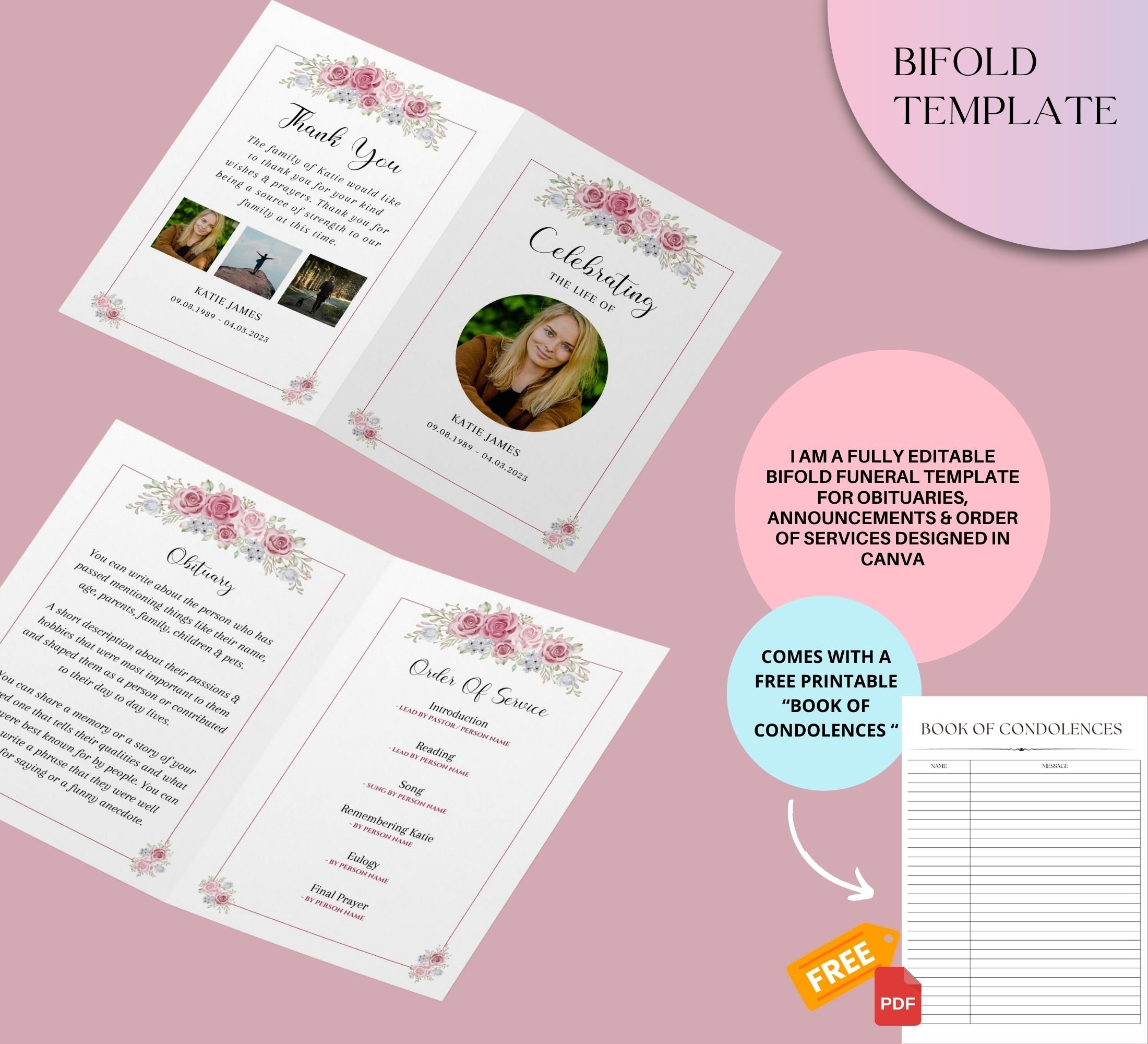 Pink Flower Funeral Template, Funeral Brochure, Pink Printable Obituary ...