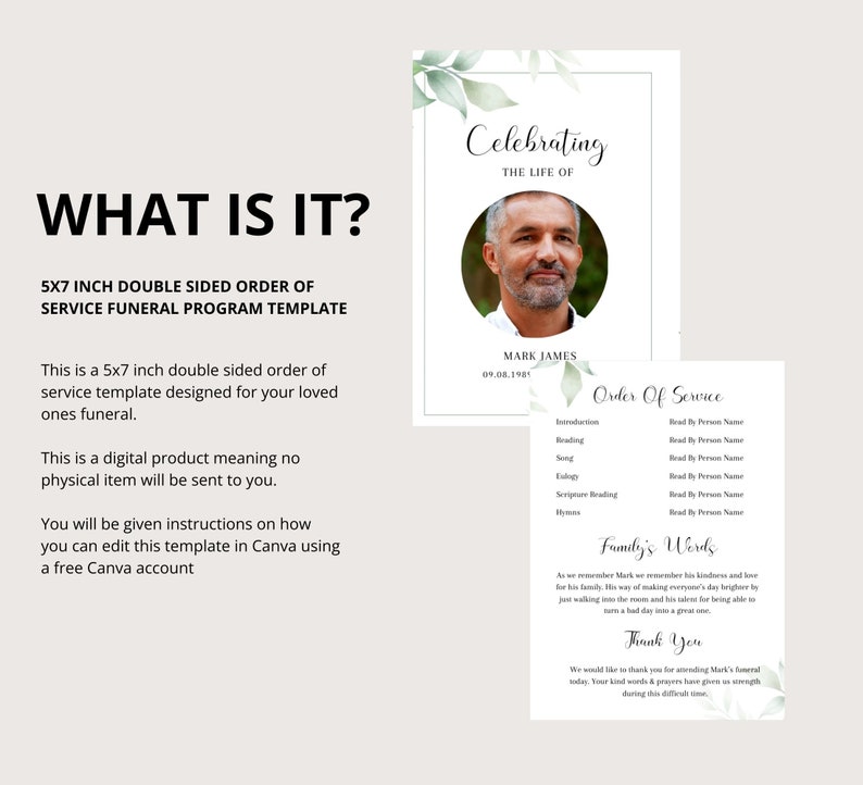 Double Sided Funeral Program Template, Greenery Memorial Program ...