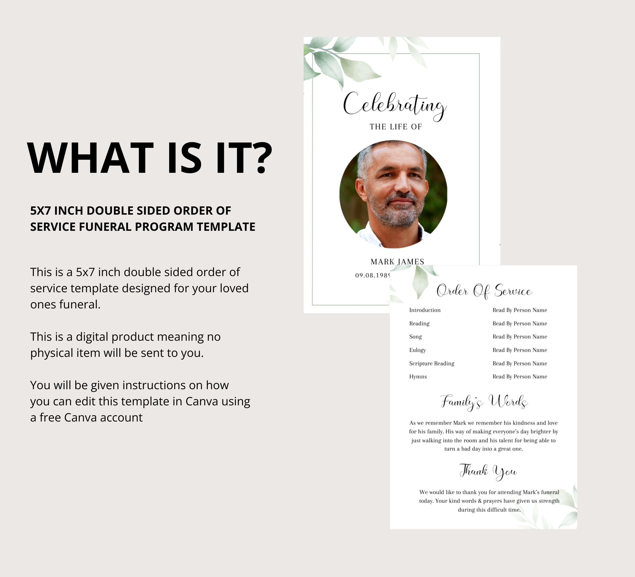Double Sided Funeral Program Template, Greenery Memorial Program ...