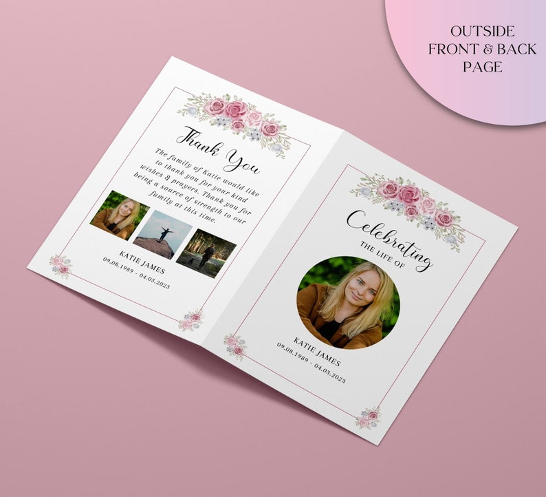 Pink Flower Funeral Template, Funeral Brochure, Pink Printable Obituary ...