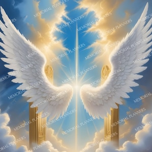 White Angel Wing Blue Heaven Background Gold Pillar Png, Memorial ...