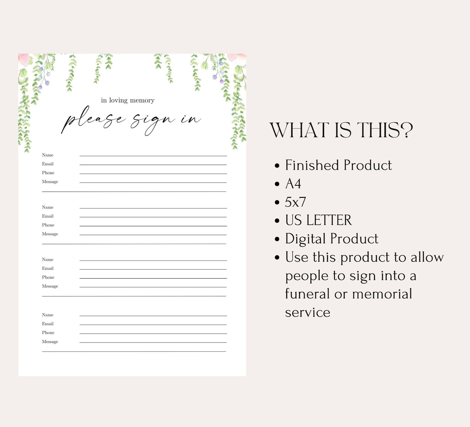 Greenery Funeral Sign in Sheet, Printable Funeral Guest Book Insert, Printable Design Funeral ...