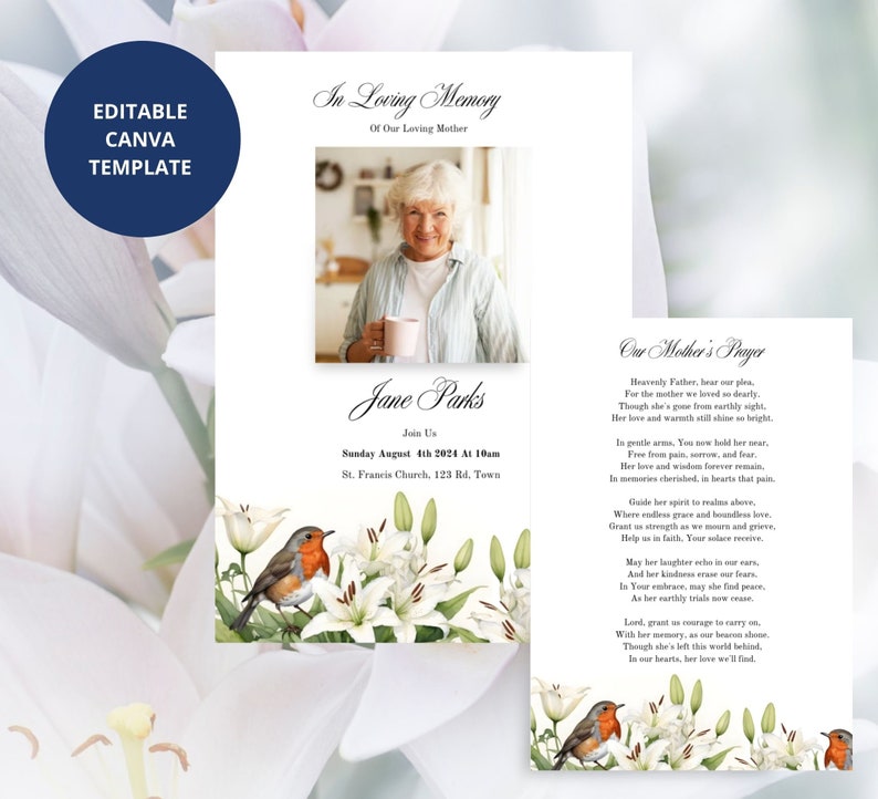 Mother Funeral Invitation Robin Bird, Lilly Flower Funeral Program ...