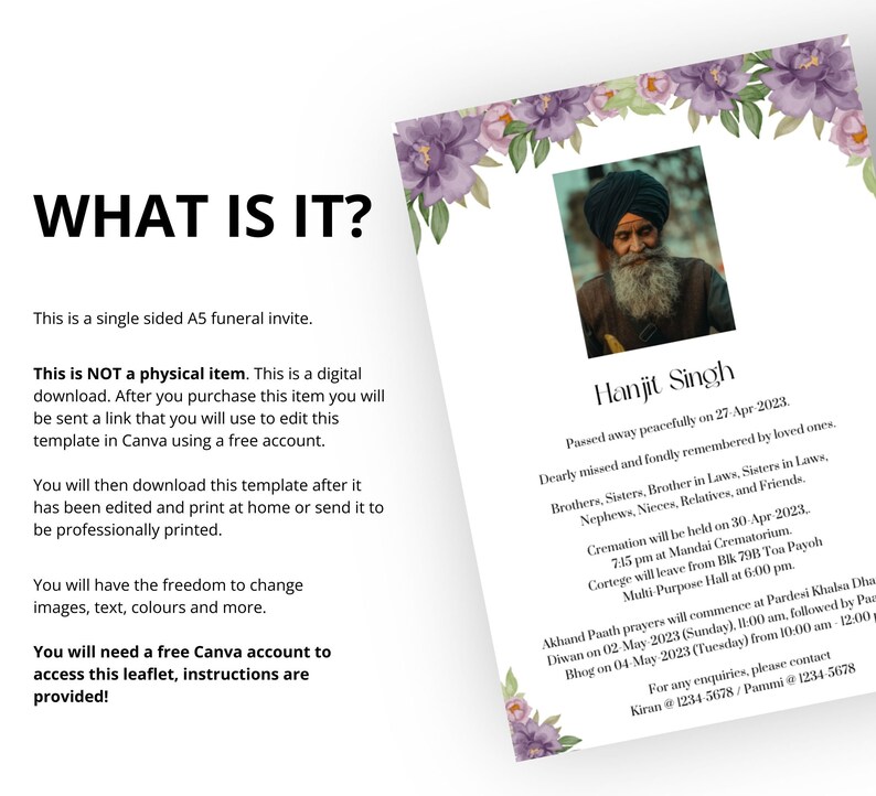Sikh Funeral Invite, Funeral Announcement, Funeral Invitation, Memorial ...