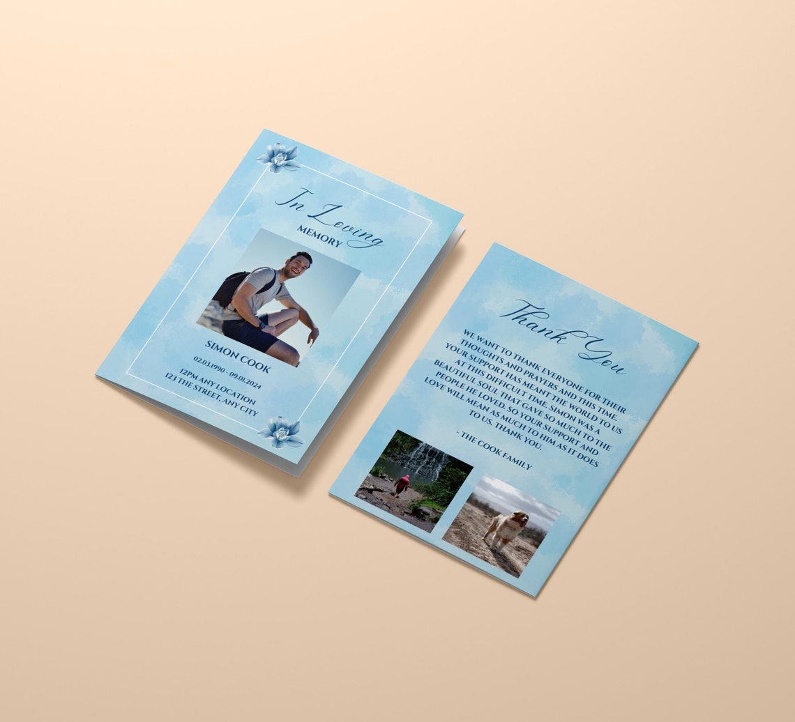 Blue Funeral Program Template, Instant Download, Obituary Template Sky ...