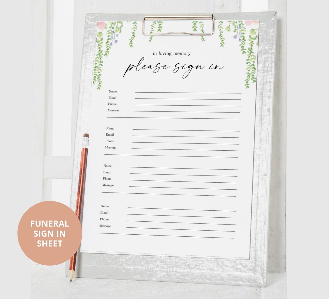 Greenery Funeral Sign in Sheet, Printable Funeral Guest Book Insert, Printable Design Funeral ...