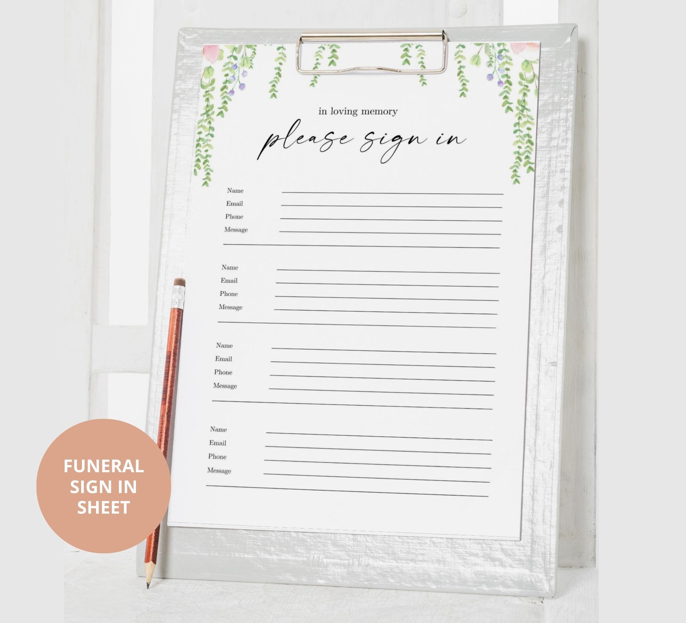 Greenery Funeral Sign in Sheet, Printable Funeral Guest Book Insert ...