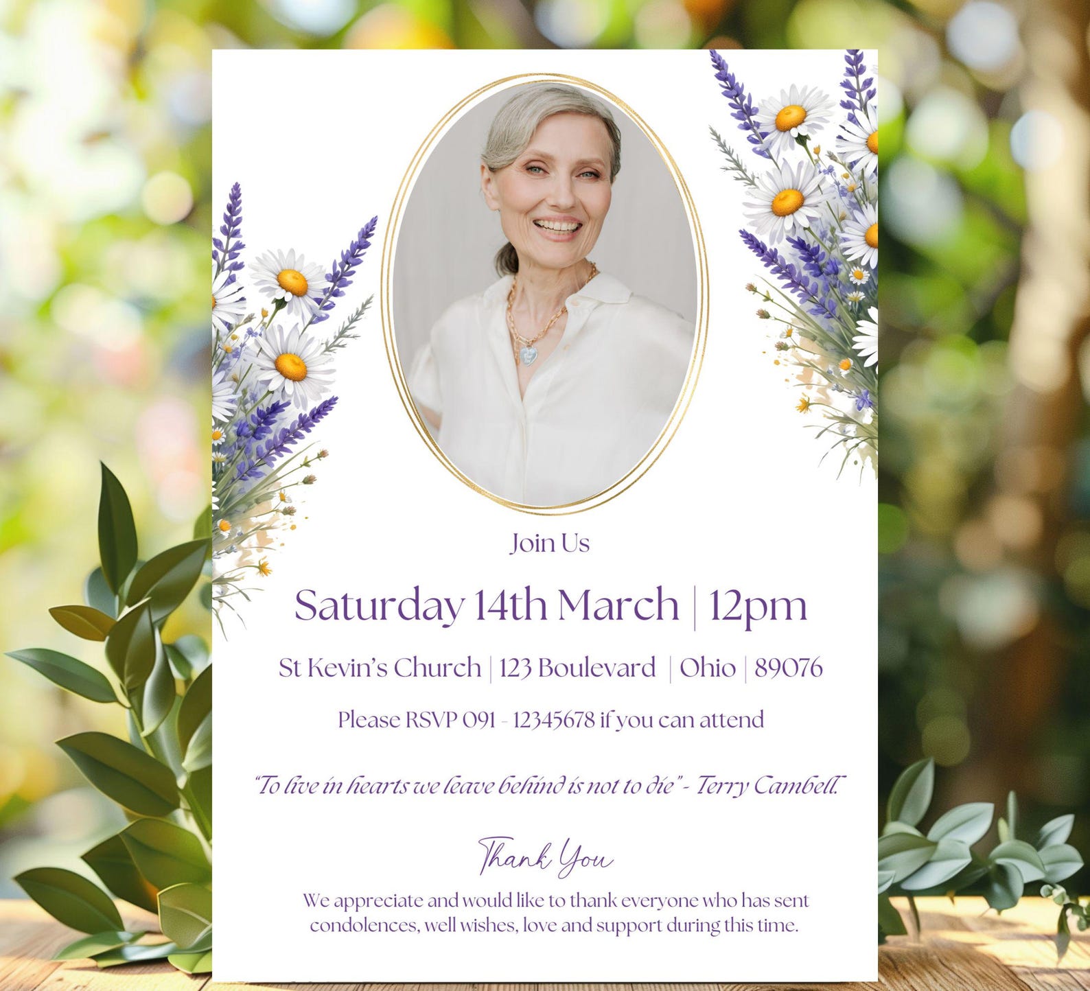 Wildflower Purple Flower Funeral Invite, Double Sided Invite, Mom ...