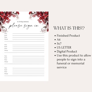 Red Floral Funeral Sign in Sheet, Printable Funeral Guest Book Insert, Printable Design Funeral ...