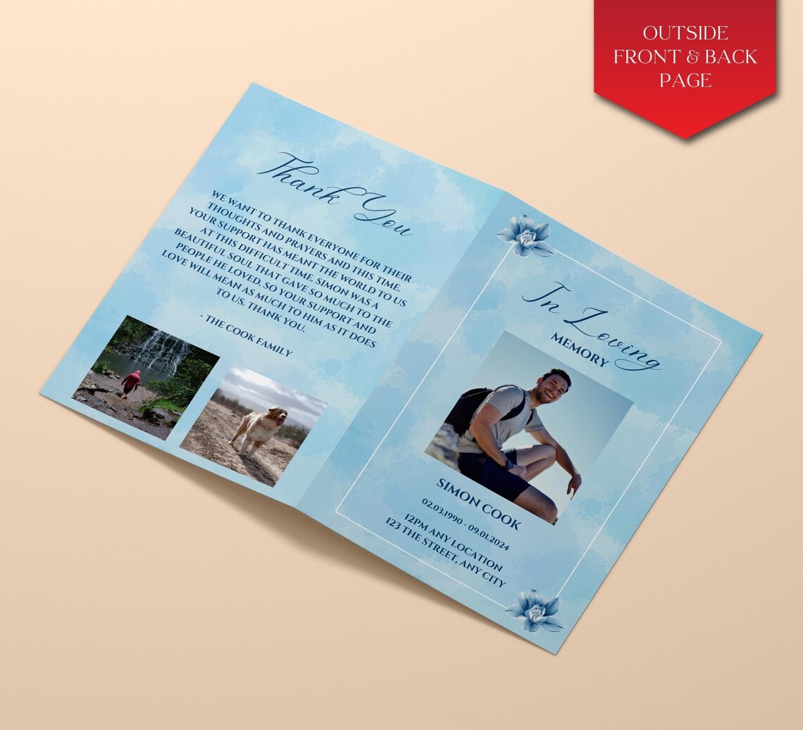 Blue Funeral Program Template, Instant Download, Obituary Template Sky ...