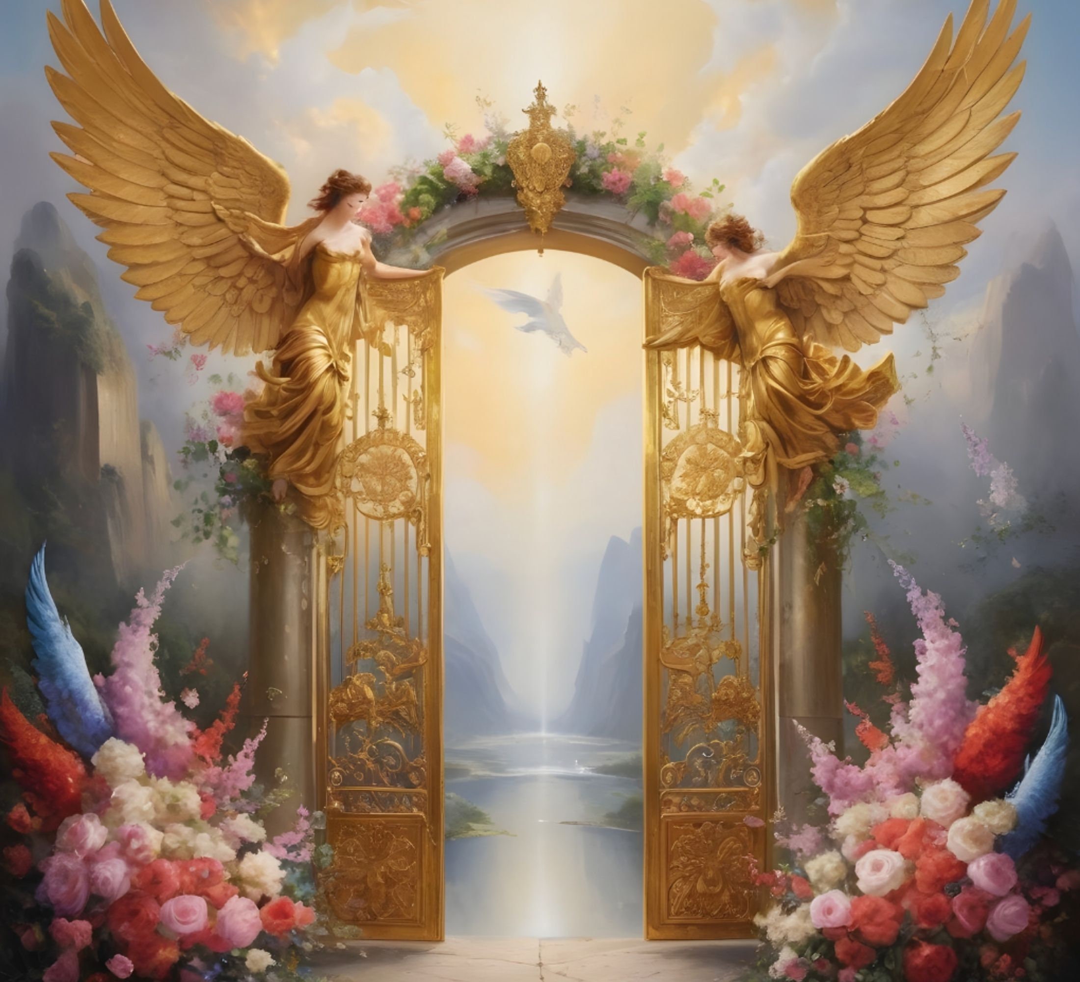 Gold Angels Heaven Background With Gold Gates Png, Memorial Service PNG ...