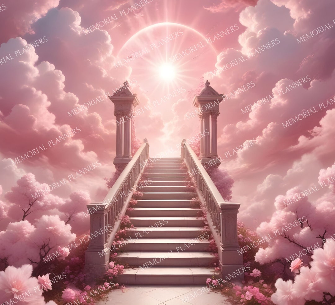 Pink Rose Floral Heaven Background With Stairs Png, Memorial Service ...