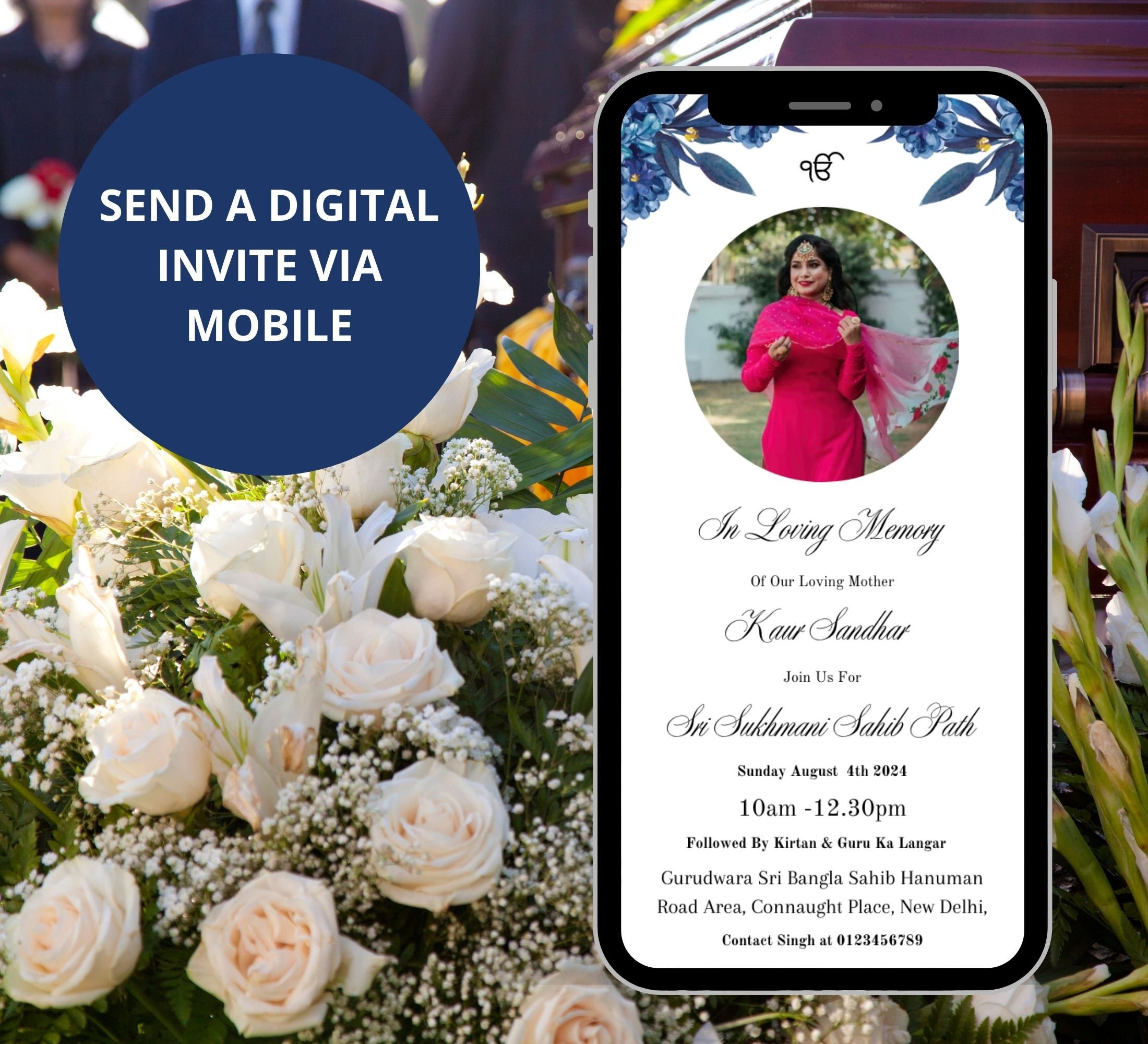 Sikh Funeral Invite Mother, Blue Floral Sikh 5X7 Invite & Digital ...