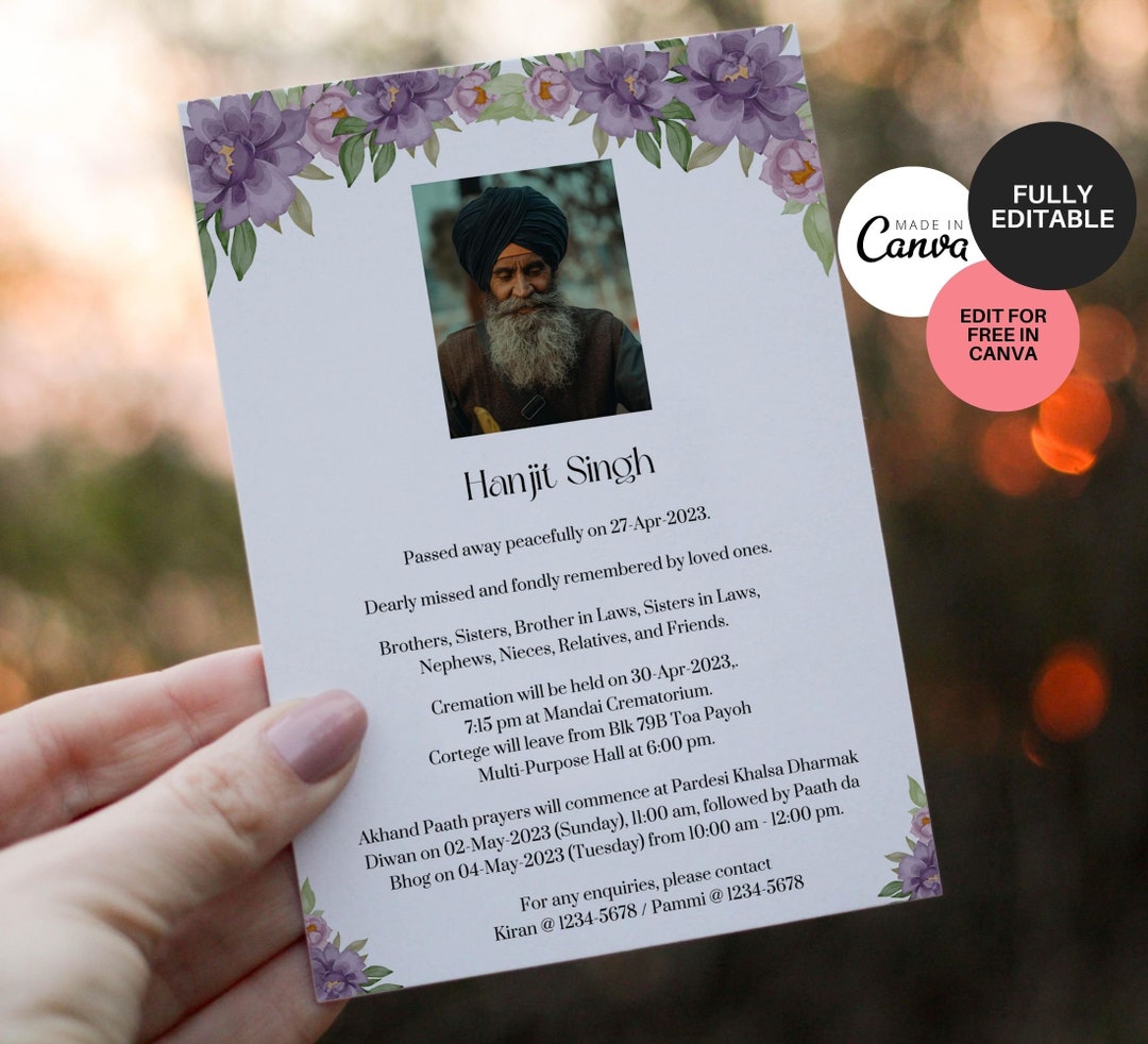Sikh Funeral Invite, Funeral Announcement, Funeral Invitation, Memorial ...