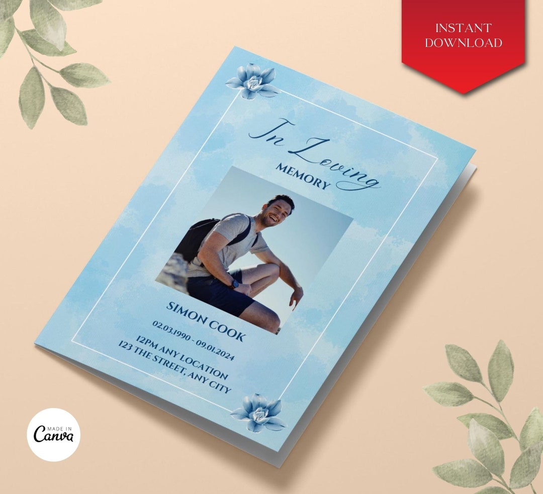 Blue Funeral Program Template, Instant Download, Obituary Template Sky ...
