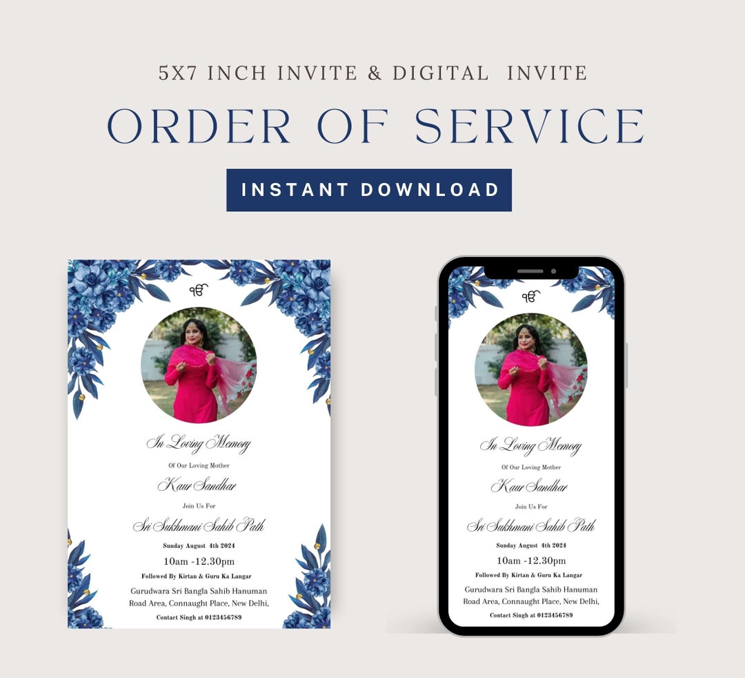 Sikh Funeral Invite Mother, Blue Floral Sikh 5X7 Invite & Digital ...