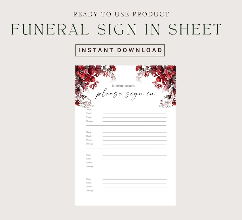 Red Floral Funeral Sign in Sheet, Printable Funeral Guest Book Insert ...