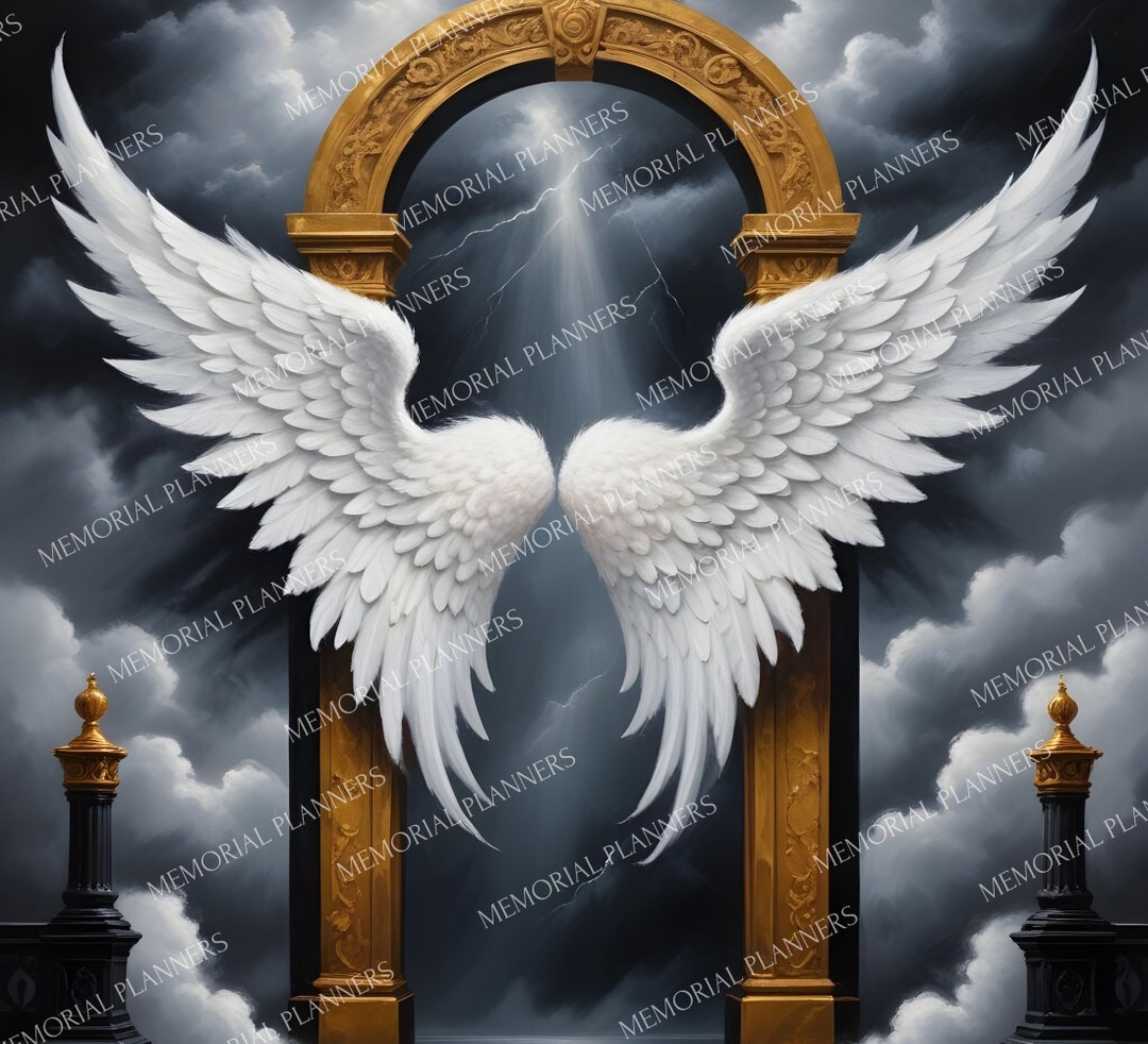 White Angel Wings Black Heaven Background Gold Arch Png, Memorial ...