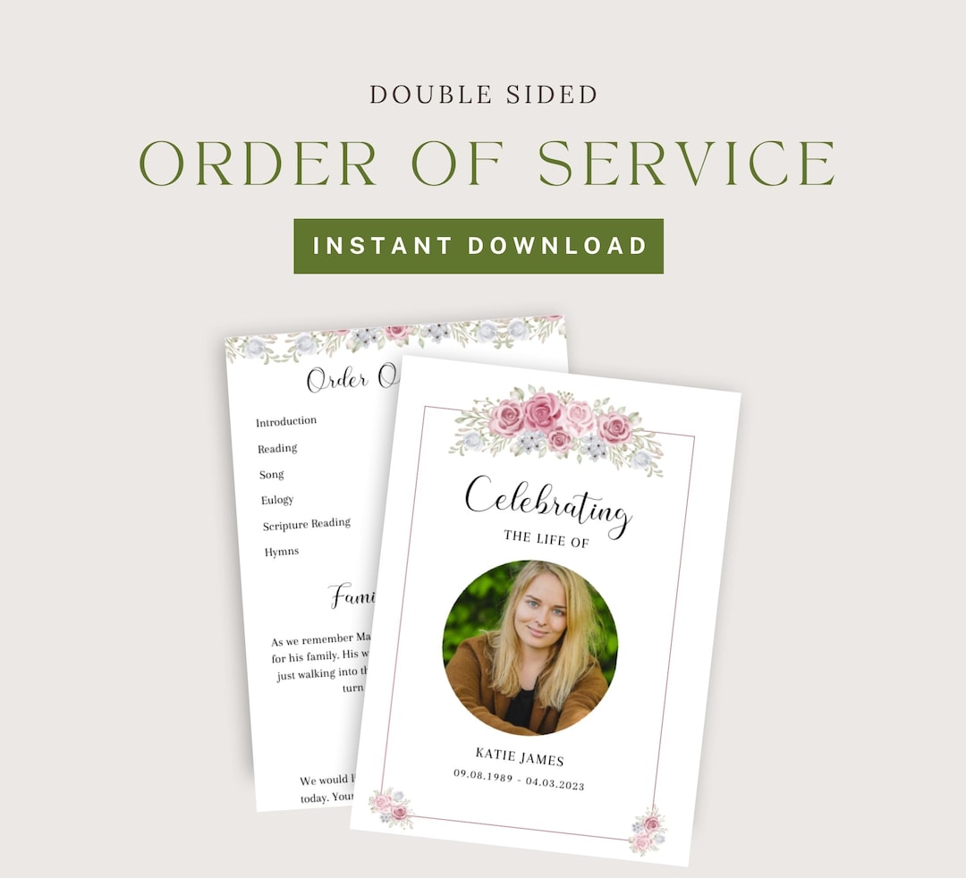 Double Sided Funeral Program Template, Roses Memorial Program, Pink ...