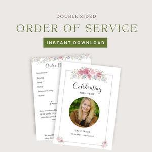 Double Sided Funeral Program Template, Roses Memorial Program, Pink ...