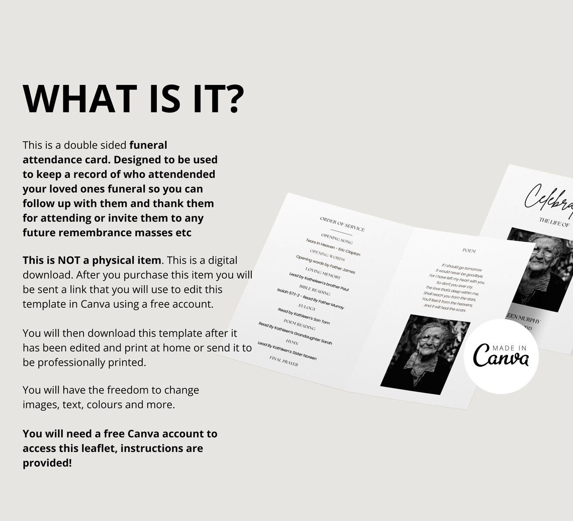 Funeral Program Template, Funeral Program Template for Woman, Bifold ...