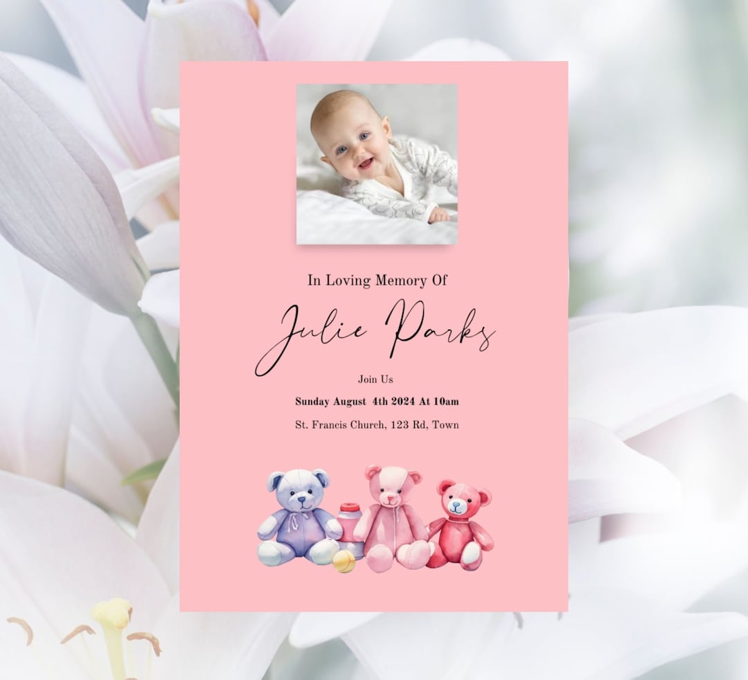 Pink Baby Funeral Invite, Loss of A Child, Loss of Son, Digital Funeral ...