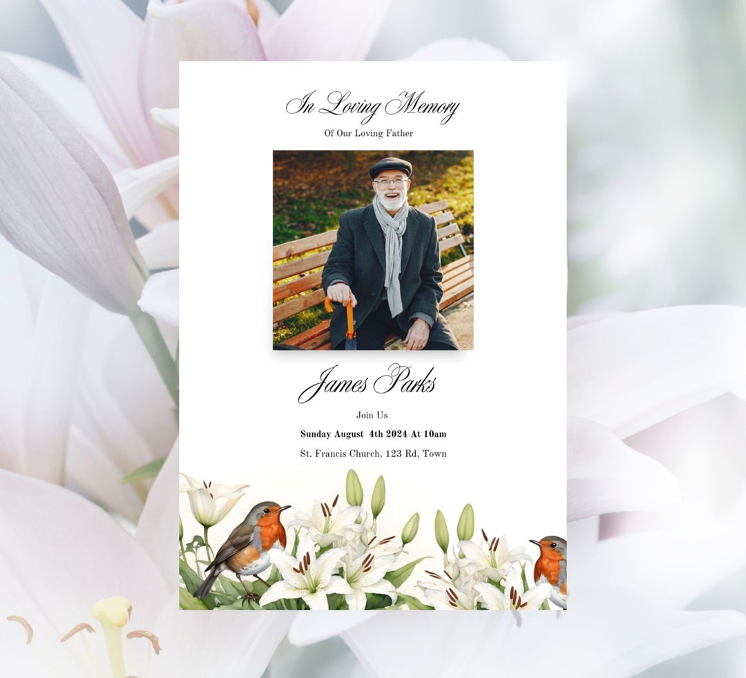 Robin Bird Funeral Invitation for Father, White Lilly Funeral Invite ...