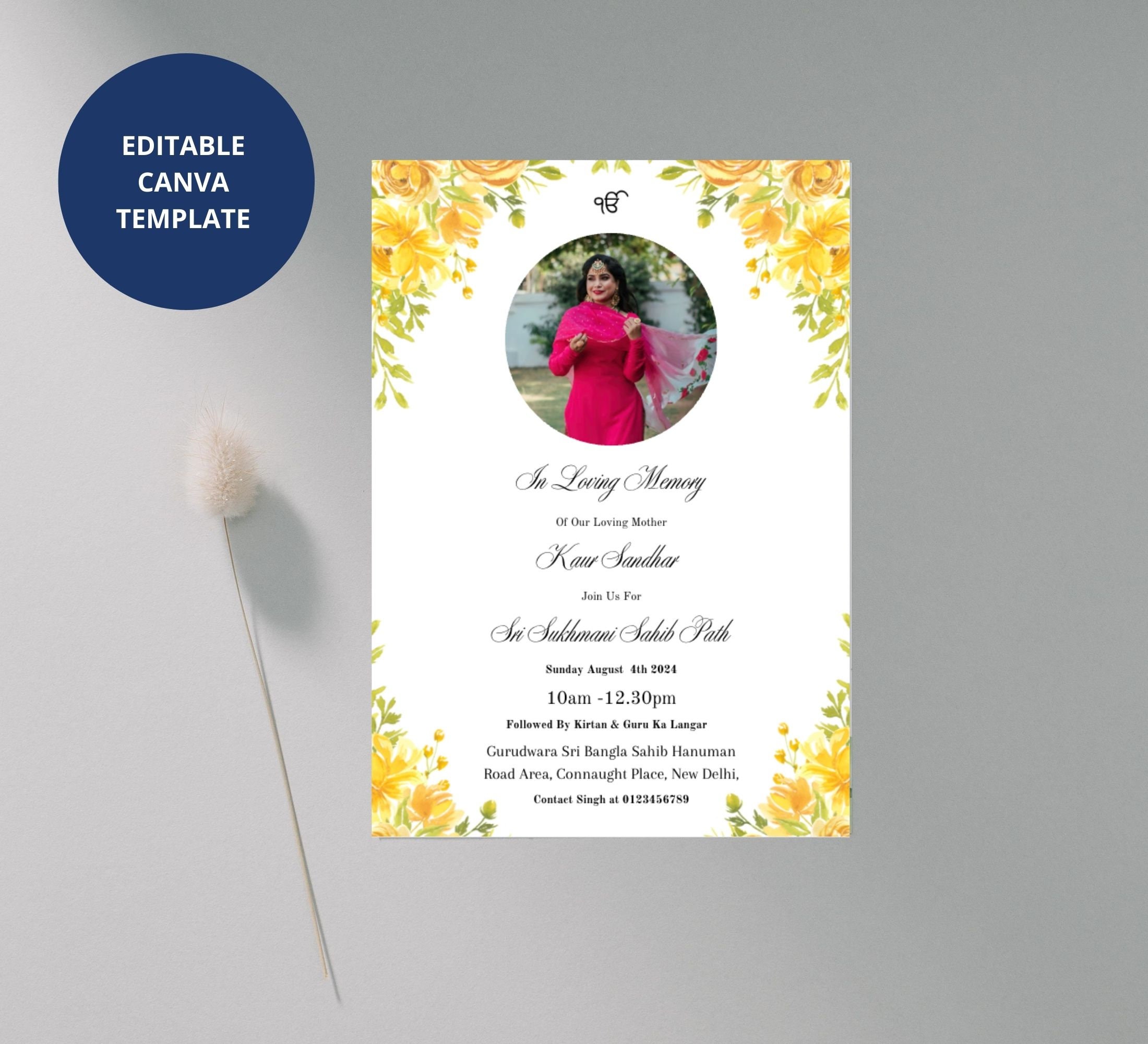 Sikh Funeral Invite Mother, Yellow Floral Sikh 5X7 Invite & Digital ...