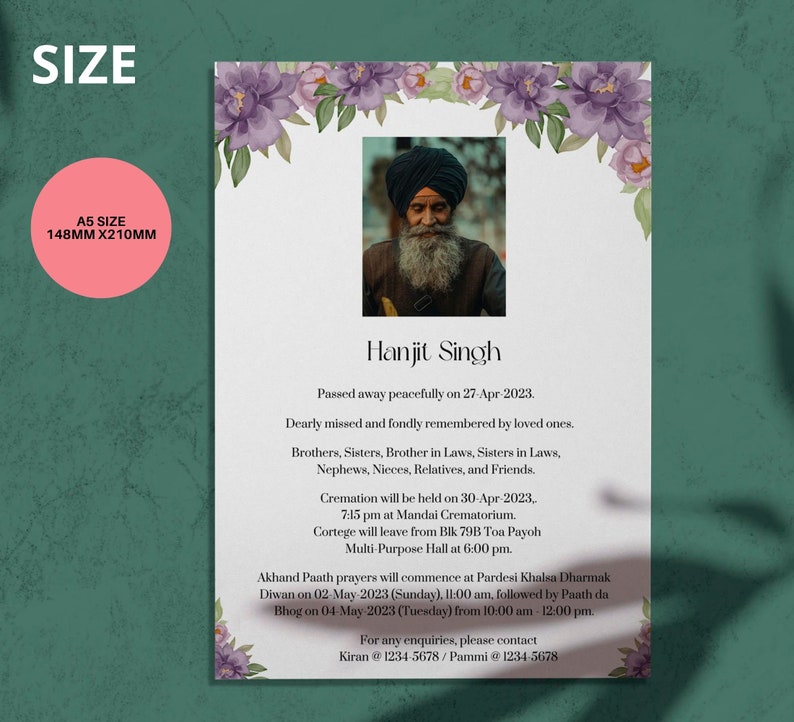 Sikh Funeral Invite, Funeral Announcement, Funeral Invitation, Memorial ...