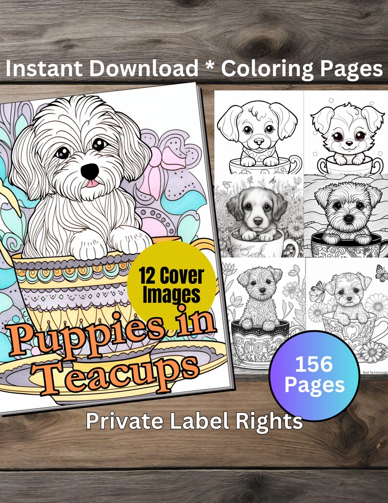 156 Puppies in Teacups Coloring Book Pages Plus 12 Cover Images ...